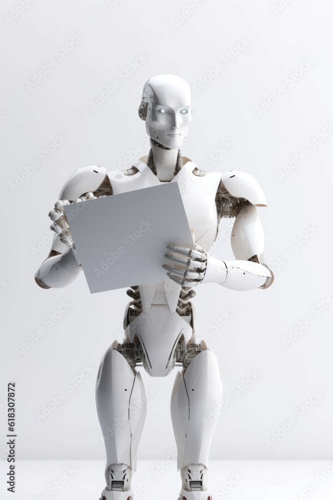 Human white robot holding white paper. White anthropomorphic robot ...