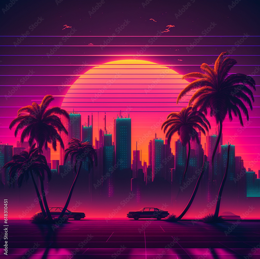 beautiful sunrise behind some retro neon colored buildings and palm ...