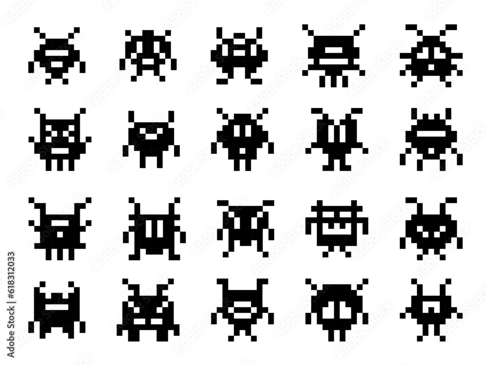 Pixel monsters, space creatures and cartoon alien robotic characters of ...