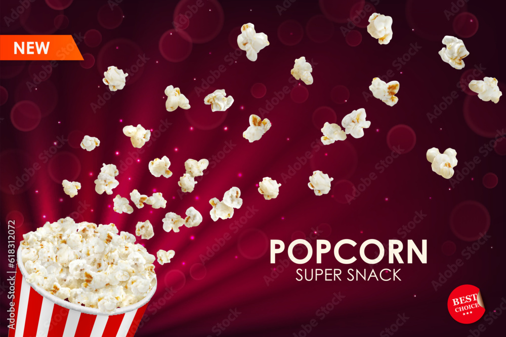 Movie cinema popcorn bucket with flying snacks of pop corn burst ...