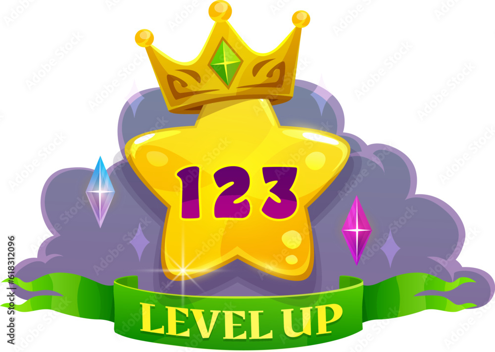 Game interface level up badge and win icon. Vector ui bonus label with ...