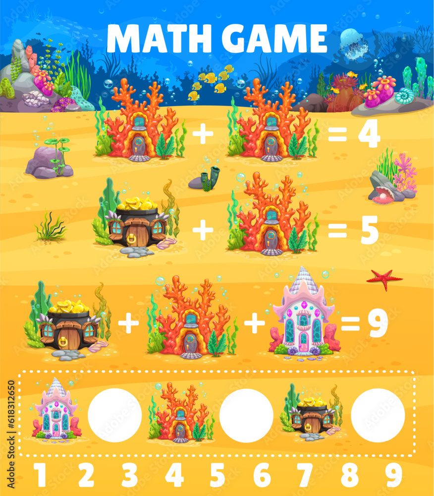 Math game worksheet. Fairytale house buildings in underwater landscape ...