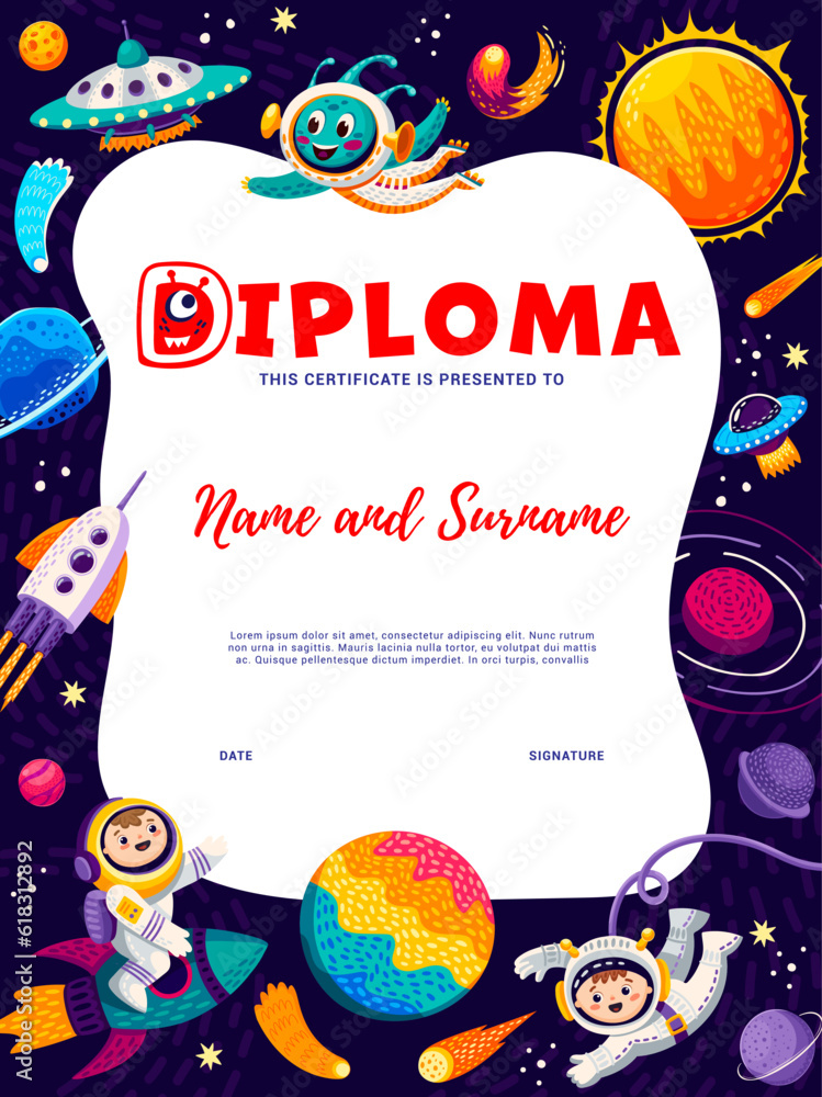 Kids diploma, cartoon astronauts, ufo, aliens, space planets and ...