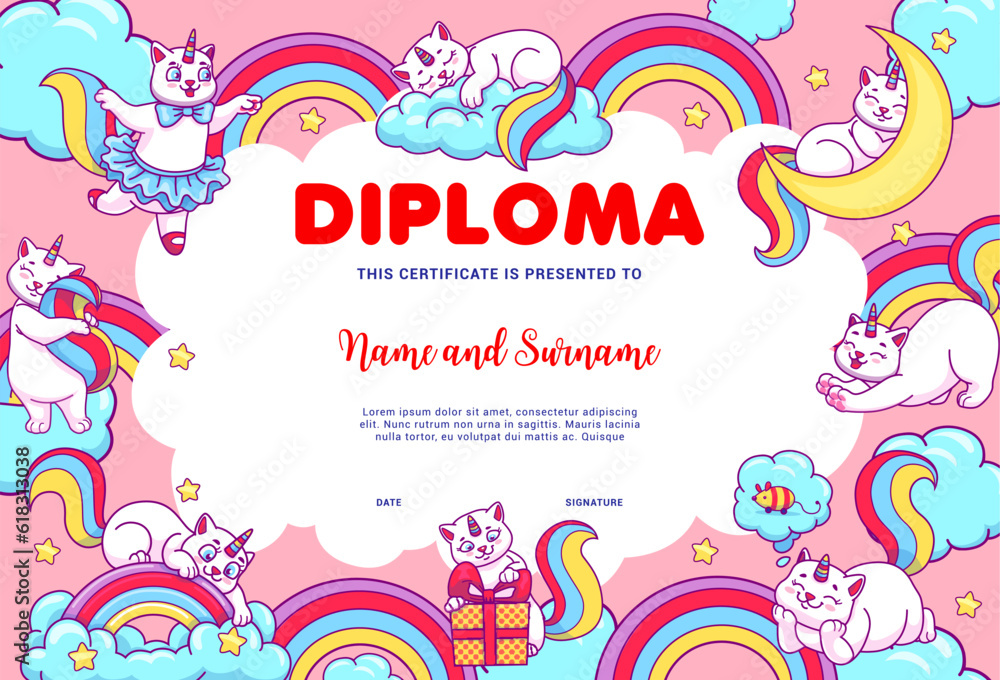 Kids diploma, cartoon caticorn cats on rainbow and clouds, vector ...