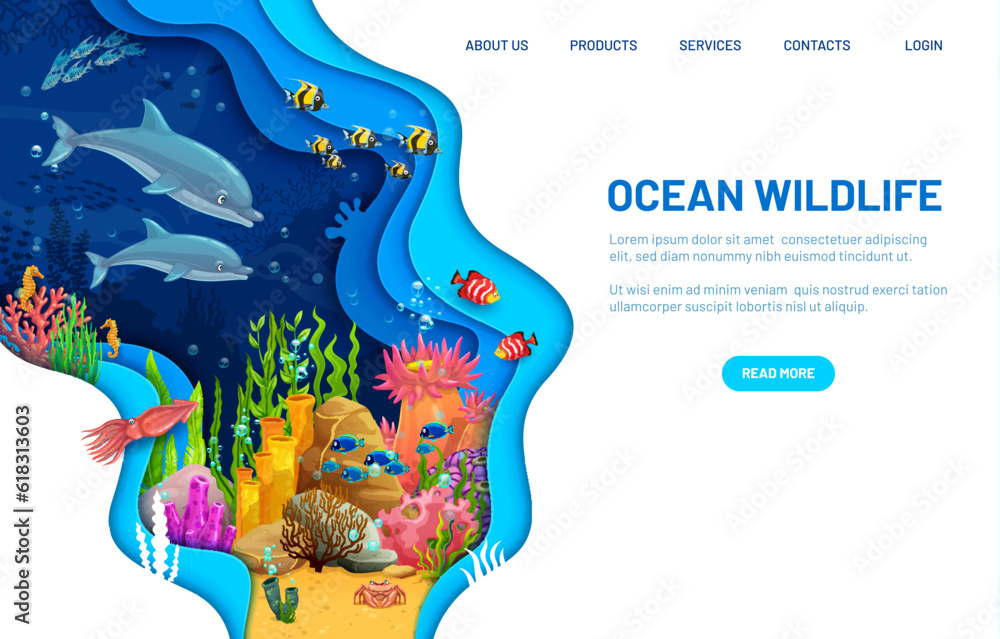 Landing page with paper cut underwater landscape. Vector web banner ...