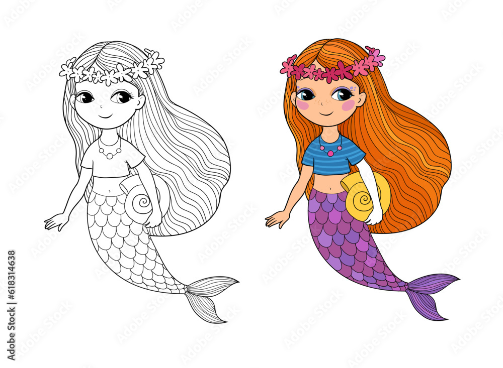 Cute cartoon mermaids. Siren. Sea theme. vector illustration. Beautiful ...