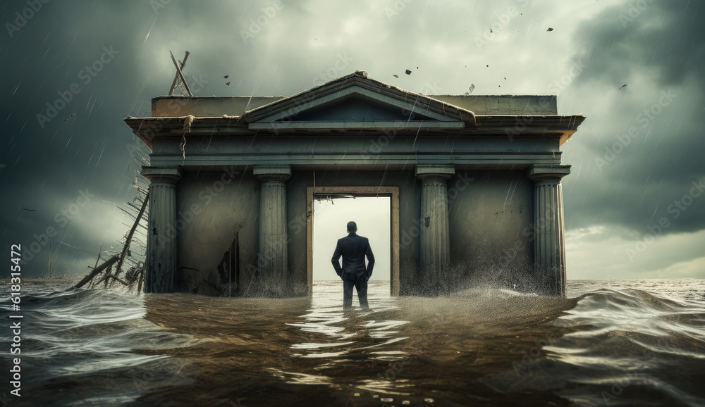 Bank drowning in the ocean, Bank falling part, Banking crisis. Stock ...