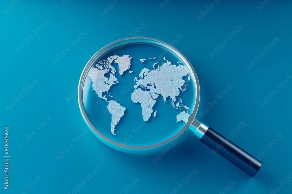 Magnifier with world map element. Global search concept. AI generated ...