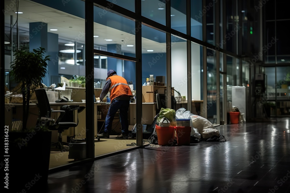 Night office with cleaning staff at work during a quiet late night ...