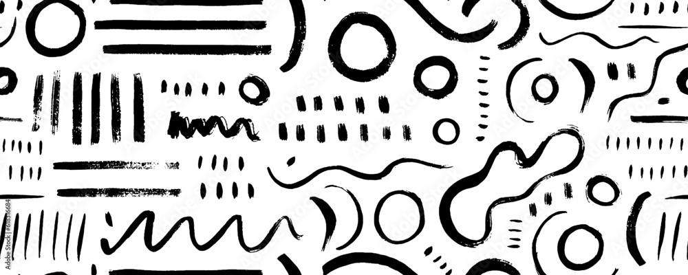 Fun lines doodle seamless pattern. Hand drawn curved brush strokes ...