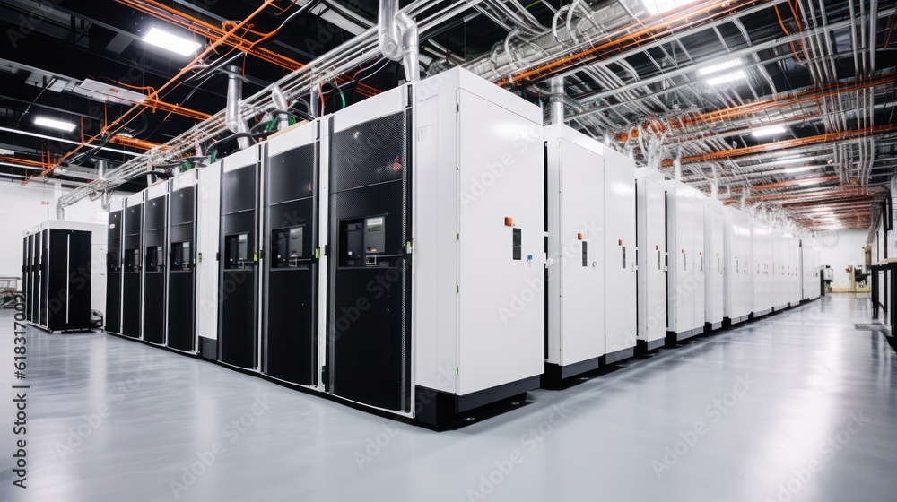 Depict a state of the art data center with rows of server racks ...