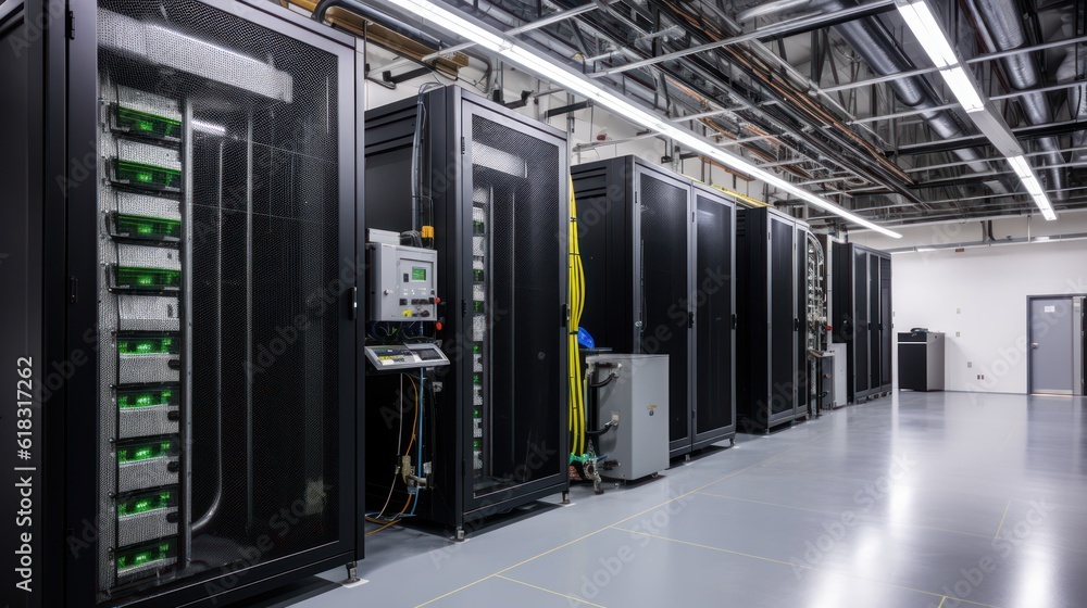 Depict a state of the art data center with rows of server racks ...