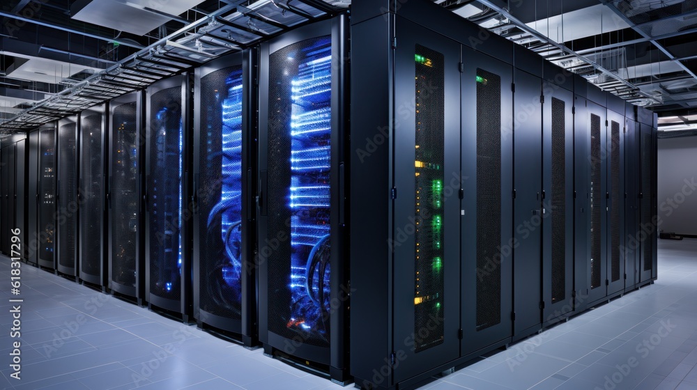 Depict a state of the art data center with rows of server racks ...
