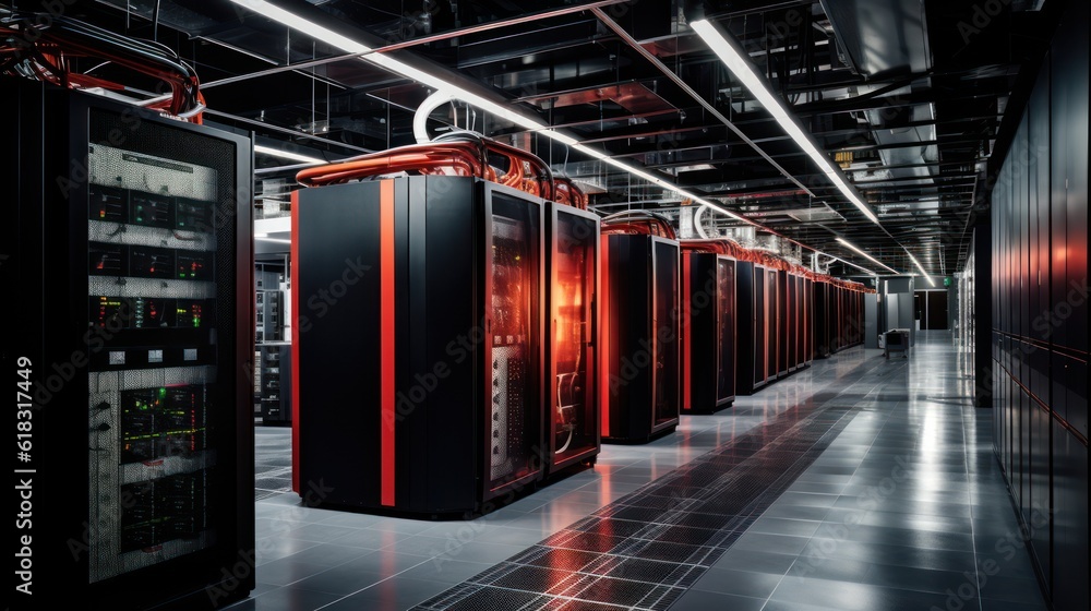 Depict a state of the art data center with rows of server racks ...