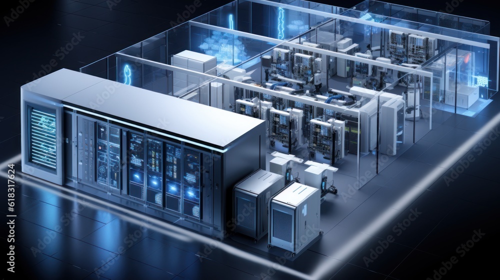 Depict a state of the art data center with rows of server racks ...