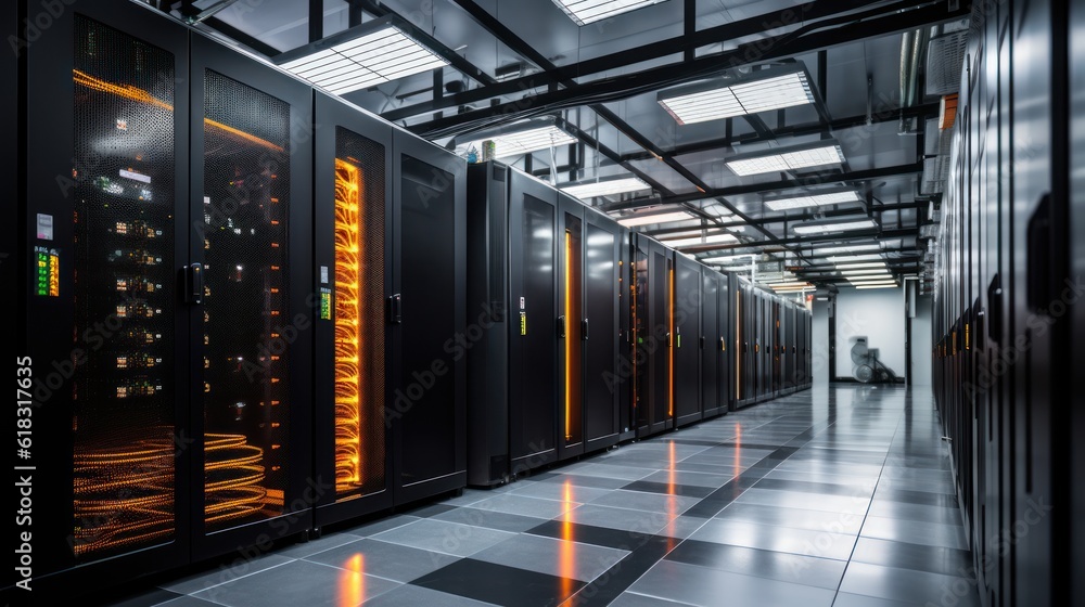 Depict a state of the art data center with rows of server racks ...