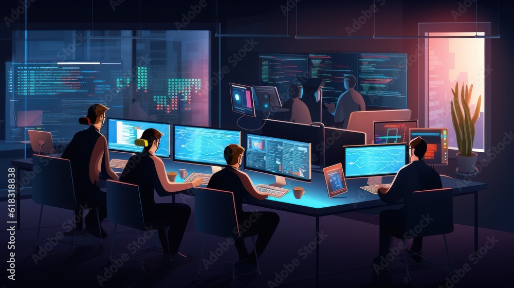 A Scene Showcasing A Team Of Software Developers Coding Collaborating And Testing Applications