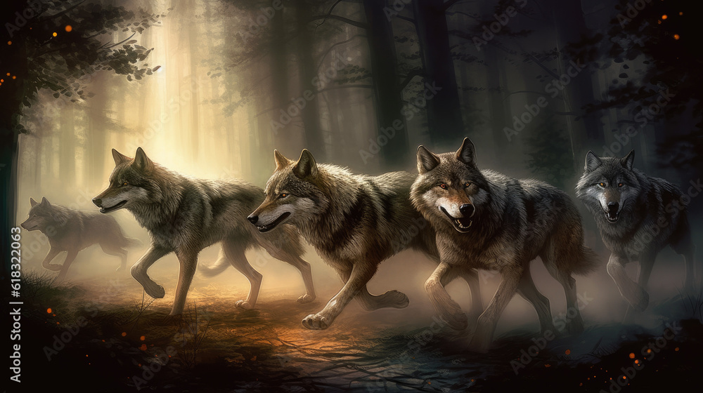 pack of wolf running in the woods - by generative ai Stock Illustration ...