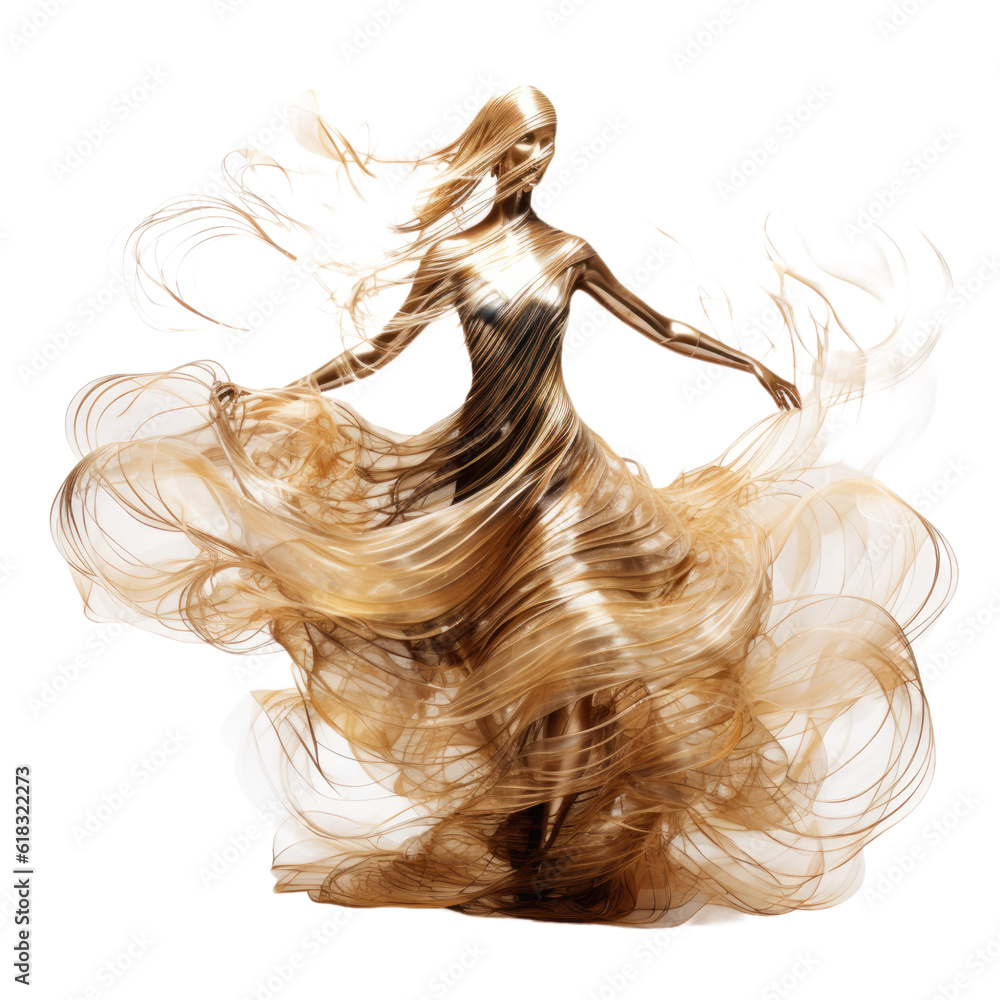 a cascade of shimmering metallic threads abstract shape, 3d render ...