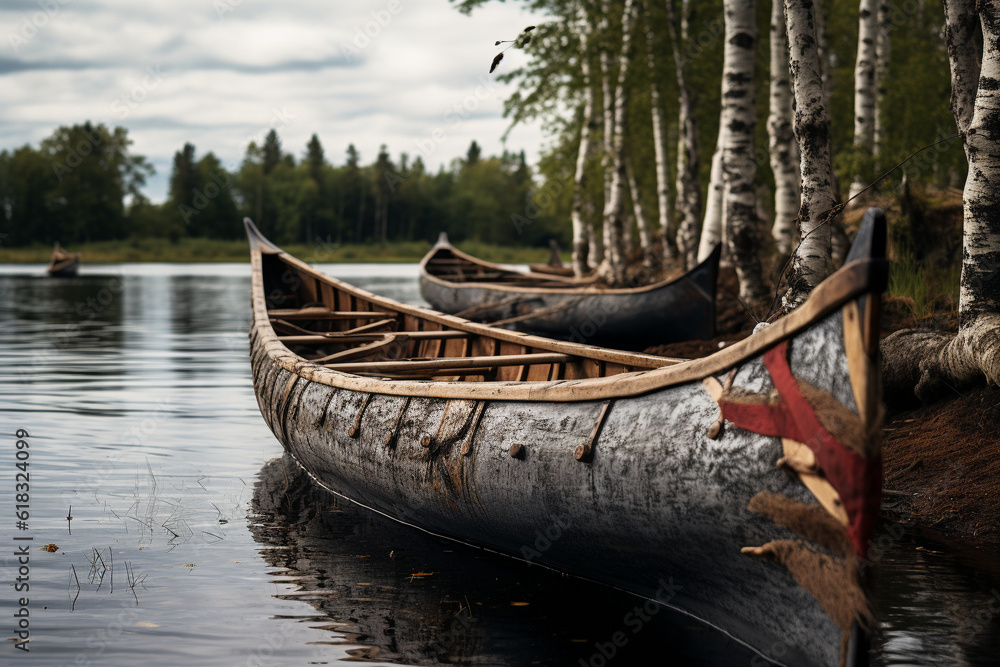 Illustration of a birch bark canoe along a river. Generative AI. Stock ...
