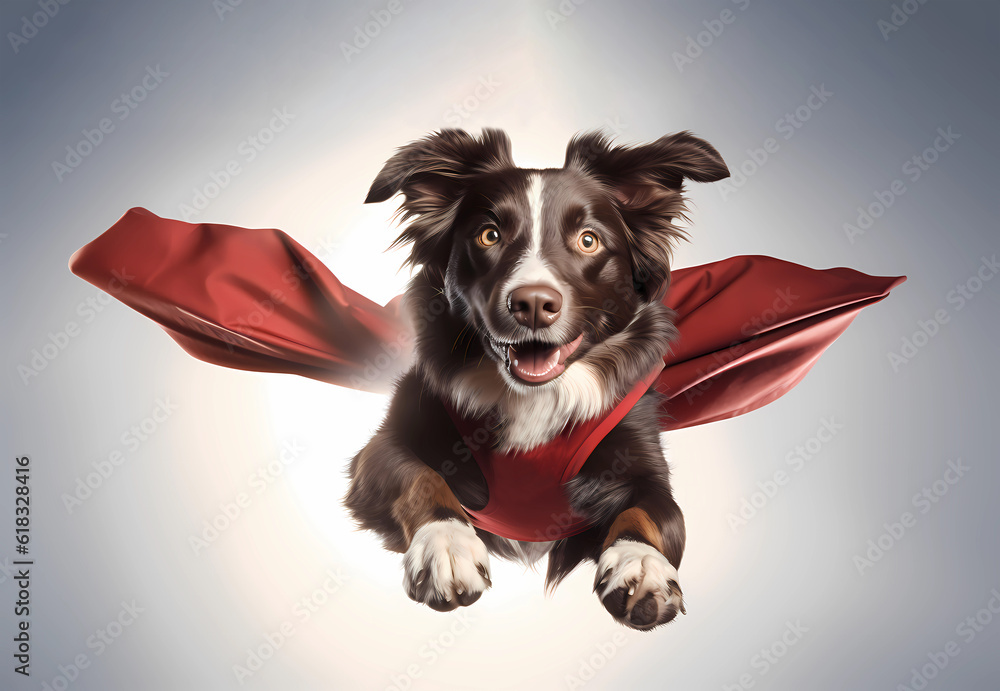 Cute superhero dog flying and wearing red cape. White background ...