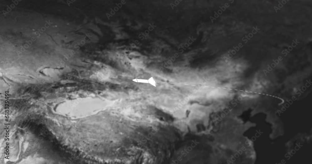 Spaceship, missile and launch on global map for war, military and bomb ...