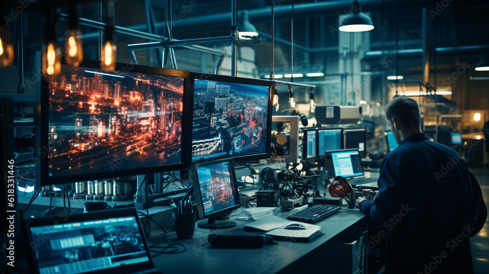 Security Control Room with Multipoke Computer Screens Showing ...