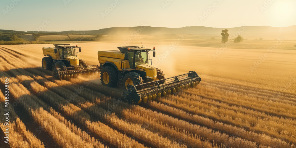 Large powerful rural tractor advancing through wheat plantations for ...
