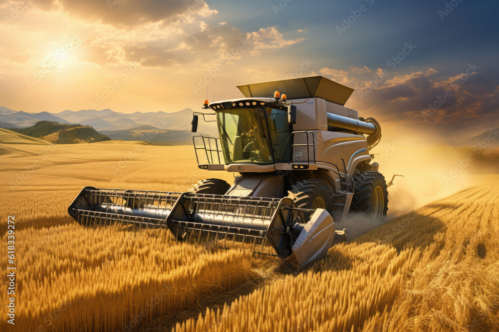 Large powerful rural tractor advancing through wheat plantations for ...