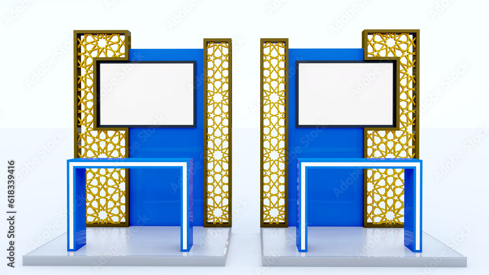 3d illustration stand booth TV LED screen islamic ornament decoration ...