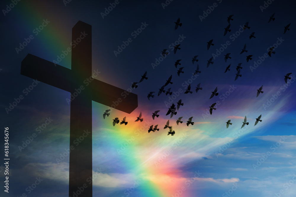 surrealism art with a flock of birds flying past a cross in the rainbow ...