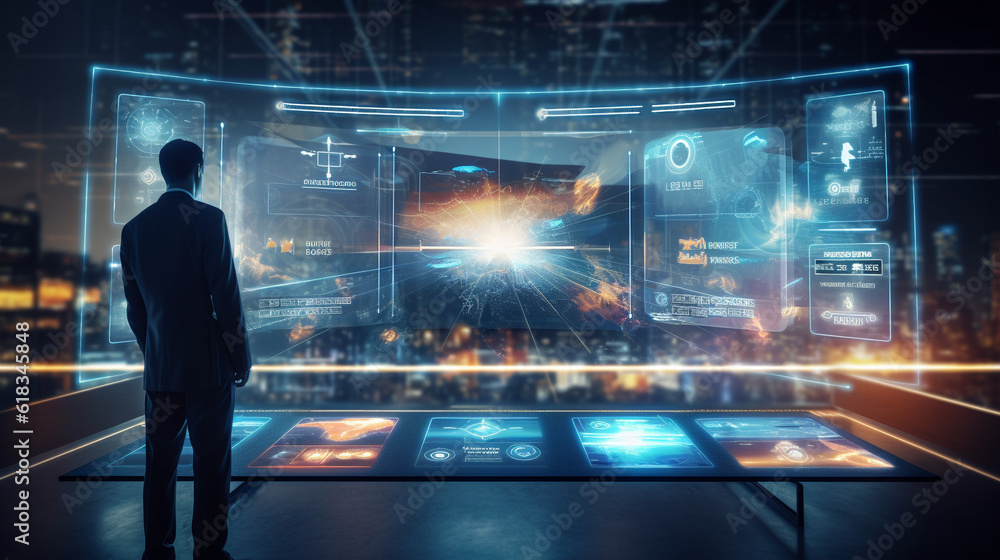 Huge hologram/virtual screen interface showing digital data, modern ...