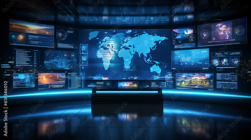 Huge hologram/virtual screen interface showing digital data, modern ...