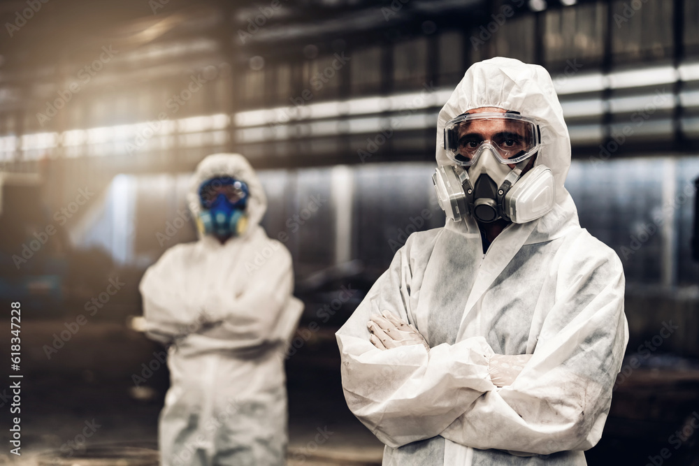 Scientist wear Chemical protection suit check danger chemical, working ...