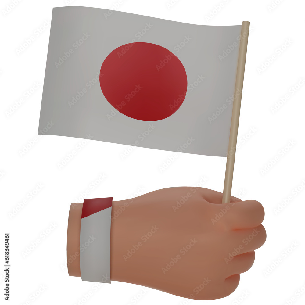 Hand with wristband holding Japan flag isolated on white background ...