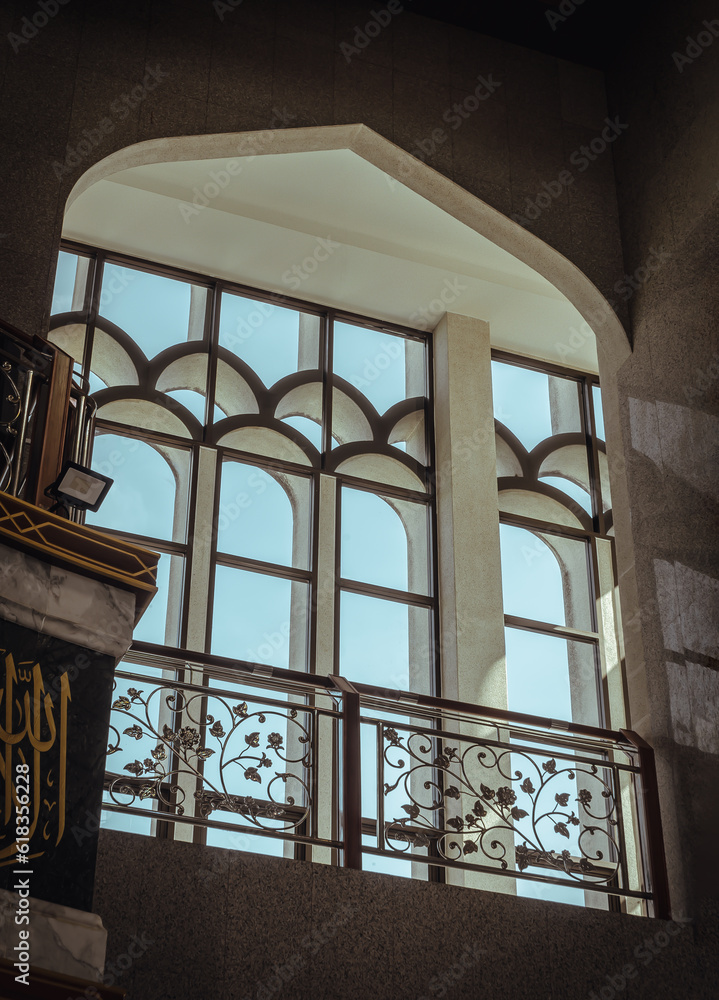 The sunshine lights through the glass window frame and there have ...