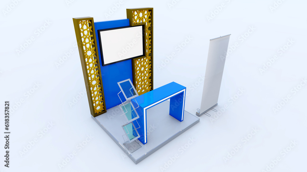3d illustration stand booth TV LED screen islamic ornament decoration ...