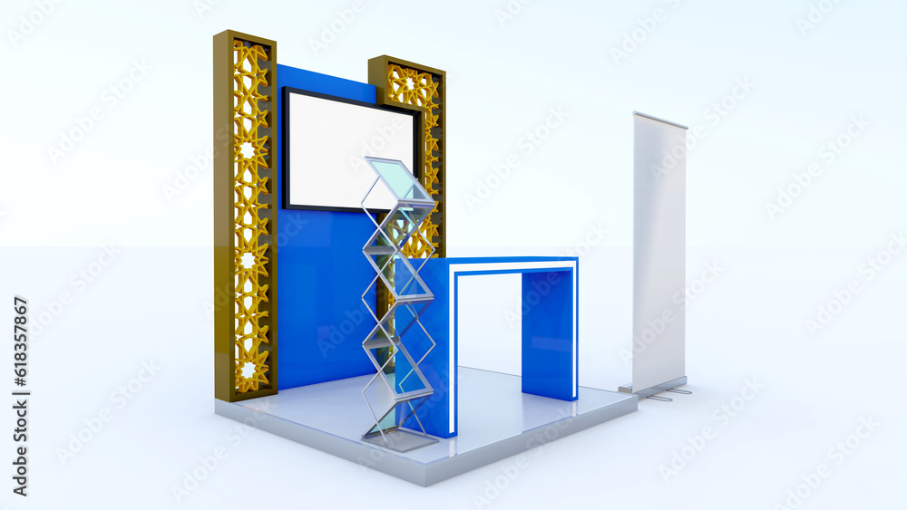 3d illustration stand booth TV LED screen islamic ornament decoration ...