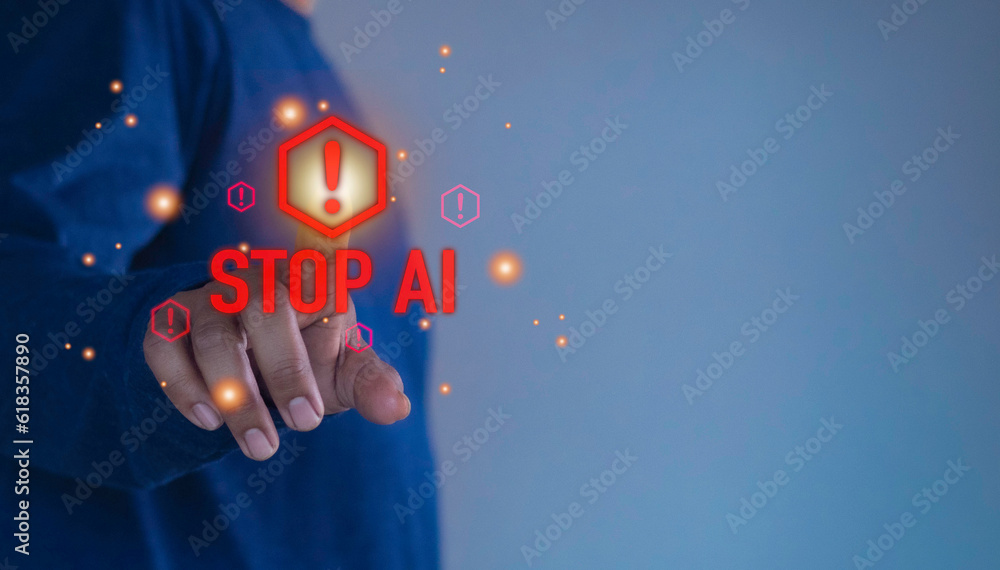 Foto de Stop developing AI, break Ai tech, businessman show virtual ...
