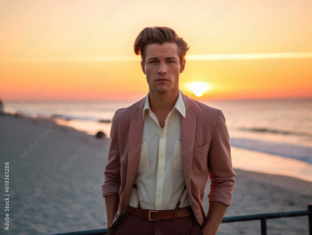 fashion portrait of a sharp dressed man male model outside on the beach ...