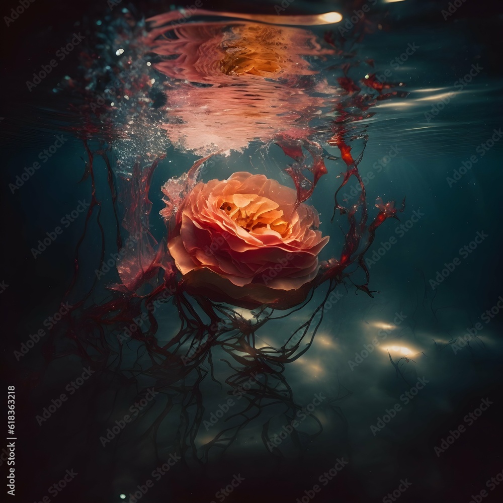 red rose in a underwater while burning summer dramatic light film grain ...