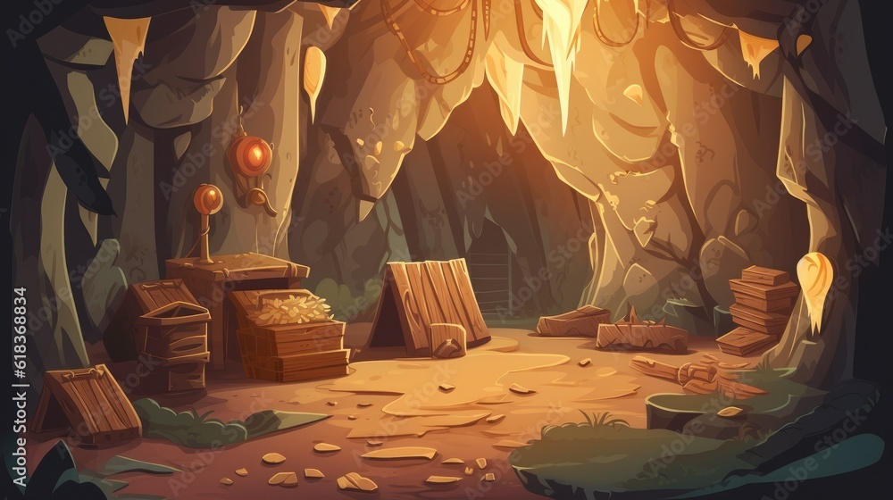 2D abstract hideout cave with a pile of treasure, cartoon illustration ...