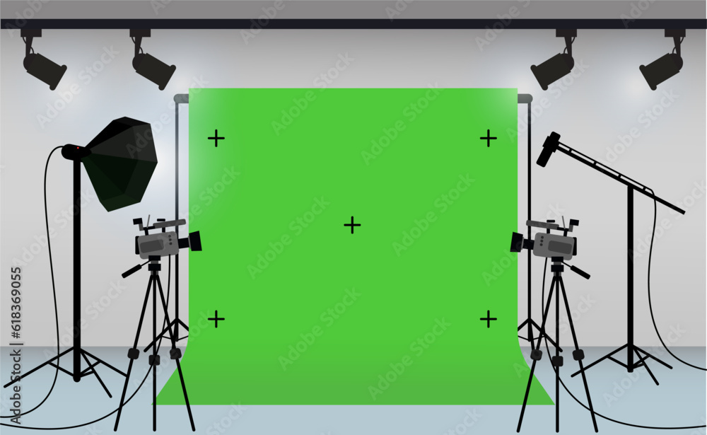 green screen studio interior with umbrella softbox godox, floodlight ...