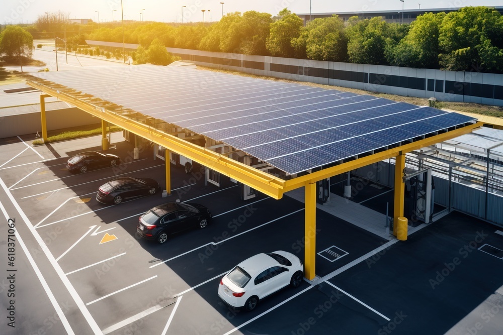 A modern solar carport for public vehicle parking is outfitted with ...