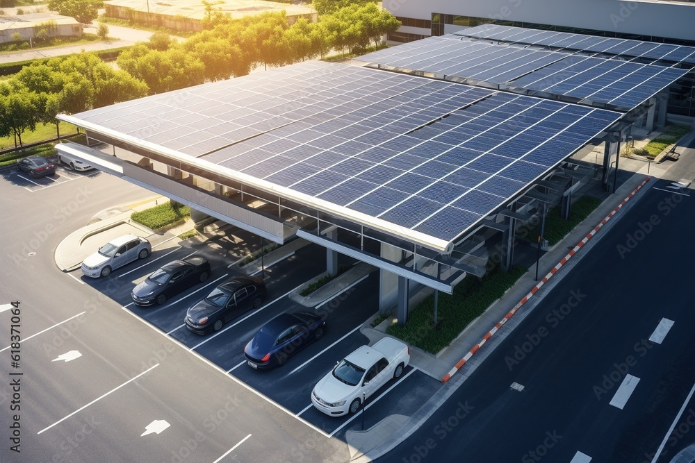 A modern solar carport for public vehicle parking is outfitted with ...