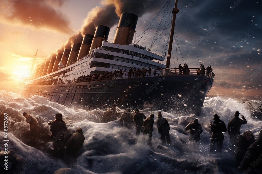 A dramatic scene showing the Titanic in the moment of collision with ...