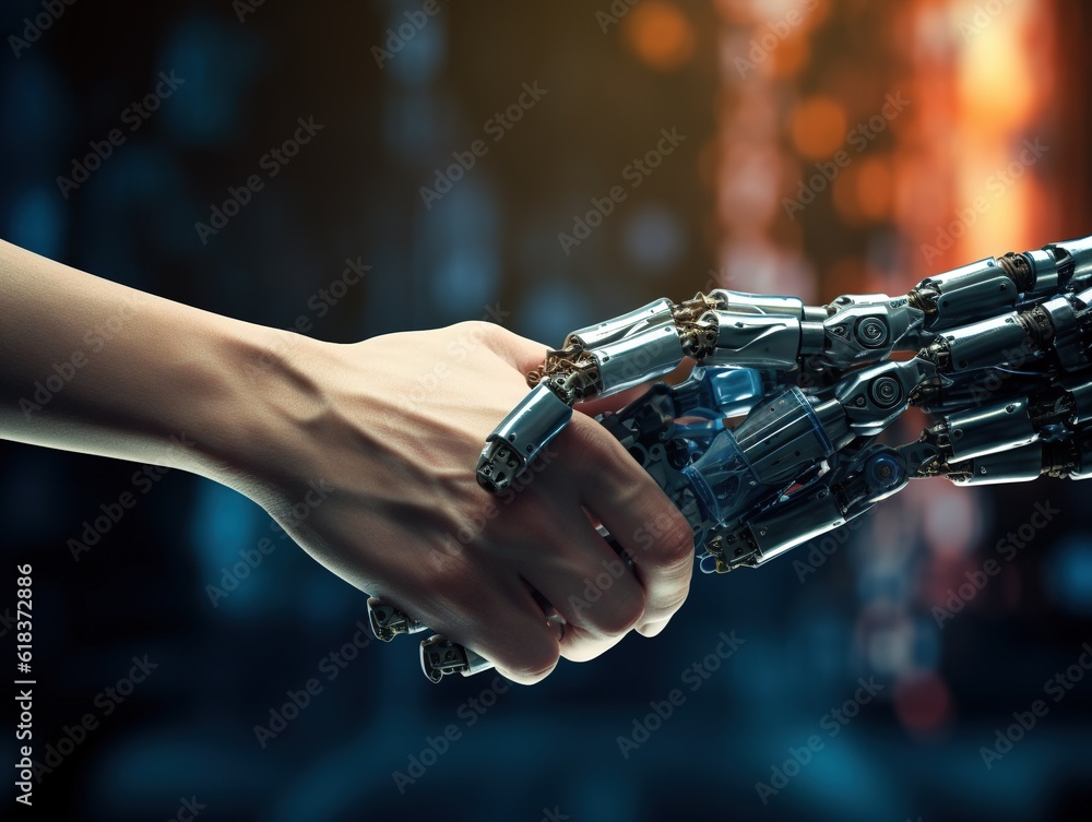 A handshake between a robot hand and a human hand. Generative AI. Stock ...