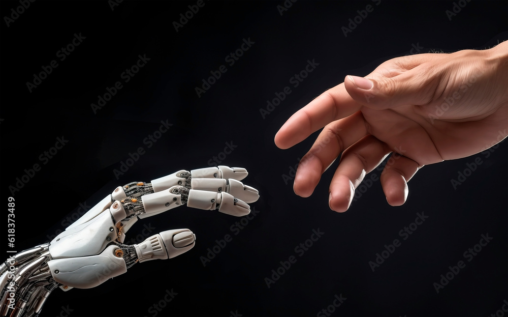 Robot hand touches human hand on black background. As in the creation ...