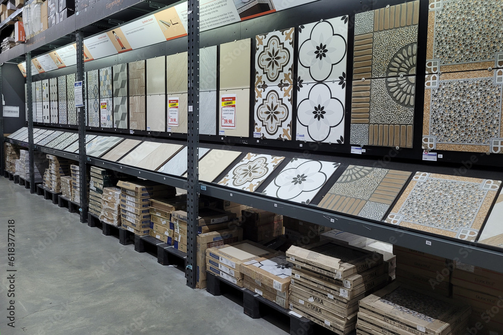 PENANG, MALAYSIA - 24 JUNE 2023: View of Modern ceramic tiles display ...