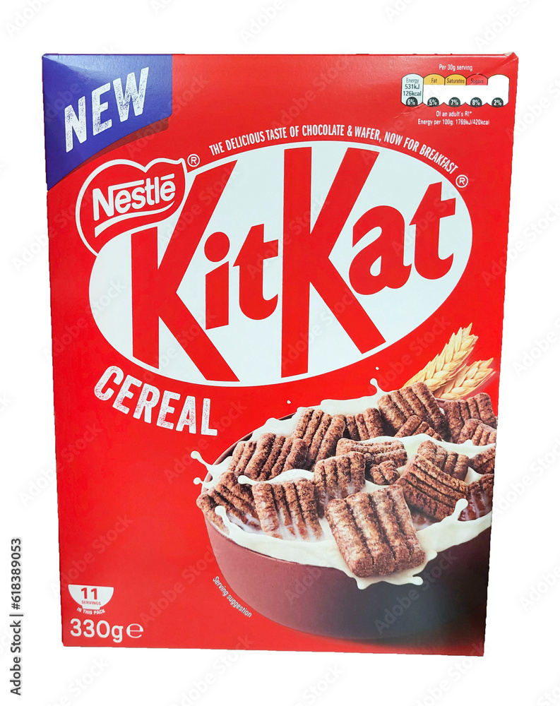 London, UK: June 29, 2023: Kit-Kat Chocolate Cereal Box. Fortified breakfast cereal made with ...